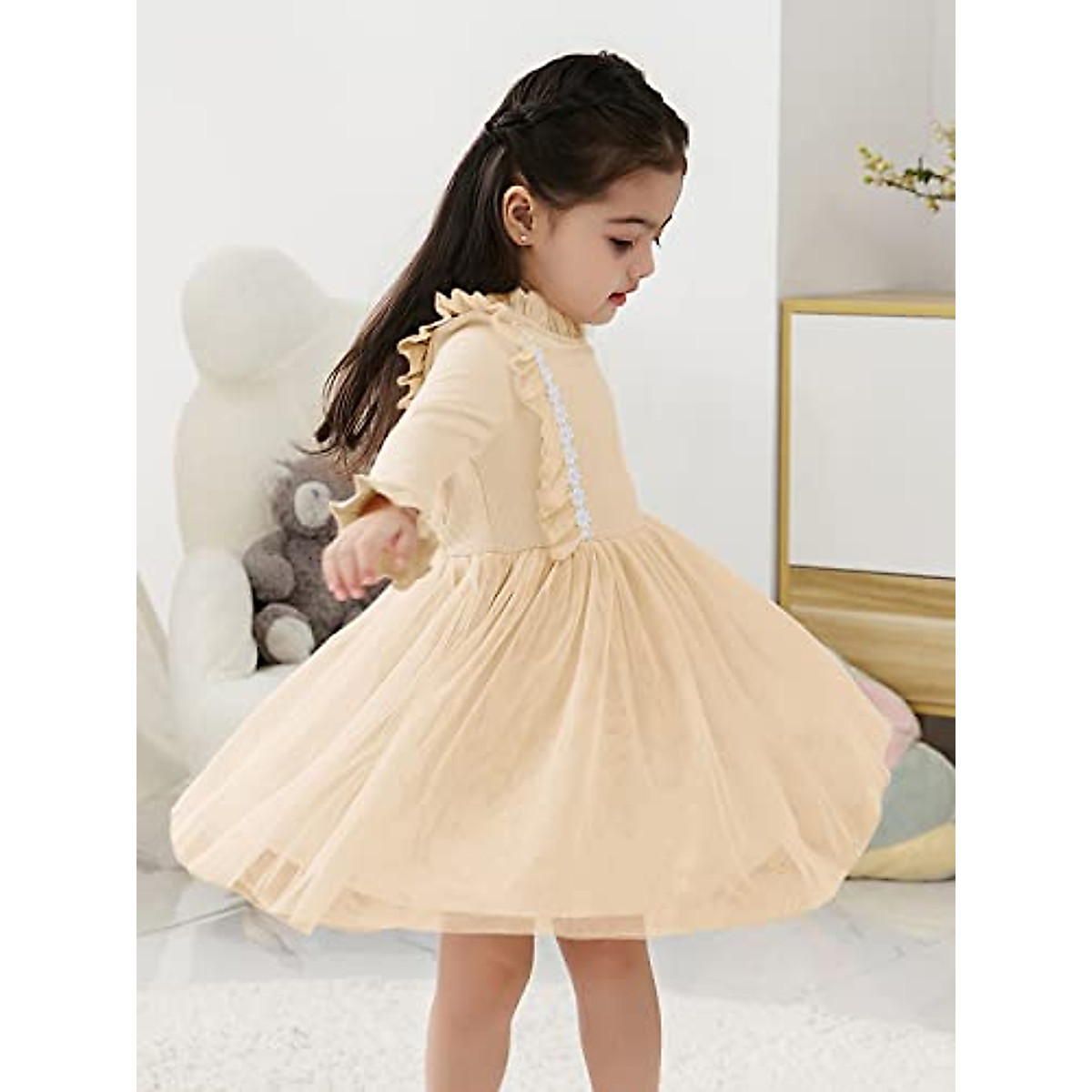 Toddler Baby Girls Knit Sweater Floral Tutu Dresses Long Sleeve Princess Fluffy Tulle Dress (Apricot, 4-5T)