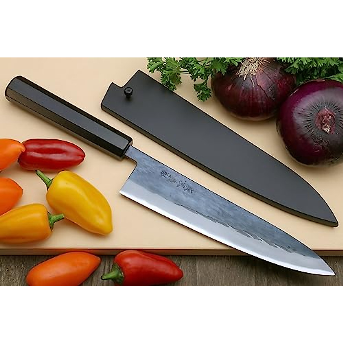Yoshihiro Kurouchi Black-Forged Blue Steel Stainless Clad Gyuto Chefs Knife and Petty Utility Knife 2pc Set Ebony Handle (Gyuto 210mm & Petty 135mm)