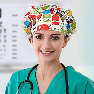SATINIOR 6 Pieces Caps with Buttons Elastic Bouffant Turban, Nursing Surgical Cap Printed Scrub Working Hats with Sweatband Unisex Tie Back Hats Hair Covers