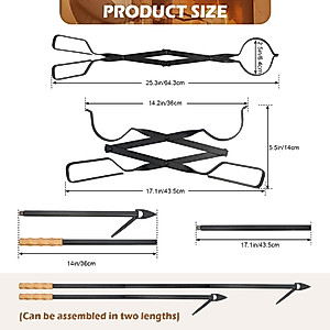 DTNESS 40" Fireplace Poker and 25" Fire Tongs, Heavy Duty Log Firewood Grabber Set, Long Fire Pit Campfire Poker Stick Tools, Wood Burnner Accessories for Indoor & Outdoor Wood Stove/Camping/Bonfires