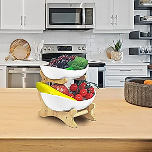 PROLEE 3 Tier/2 Tier Ceramic Fruit Bowl with Bamboo Wood Stand, Large Fruit Basket for Kitchen, Ceramic Serving Tray Set for Sushi, Dessert, Fruit,Cake, Candy (2 Tier)