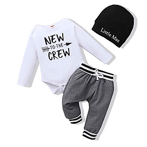 Renotemy Newborn Baby Boy Clothes Long Sleeve Romper Outfits Set New to The Crew Outfits Baby Boy Clothes 0-3 Months White