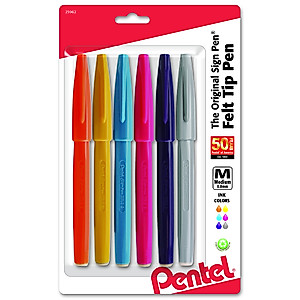 Pentel Arts Sign Pen Brush Tip, Assorted Ink, 6-Pk (S520RBP6M)