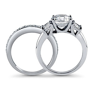 BERRICLE Sterling Silver 3-Stone Wedding Engagement Rings Round Cubic Zirconia CZ Ring Set for Women, Rhodium Plated Size 5.5