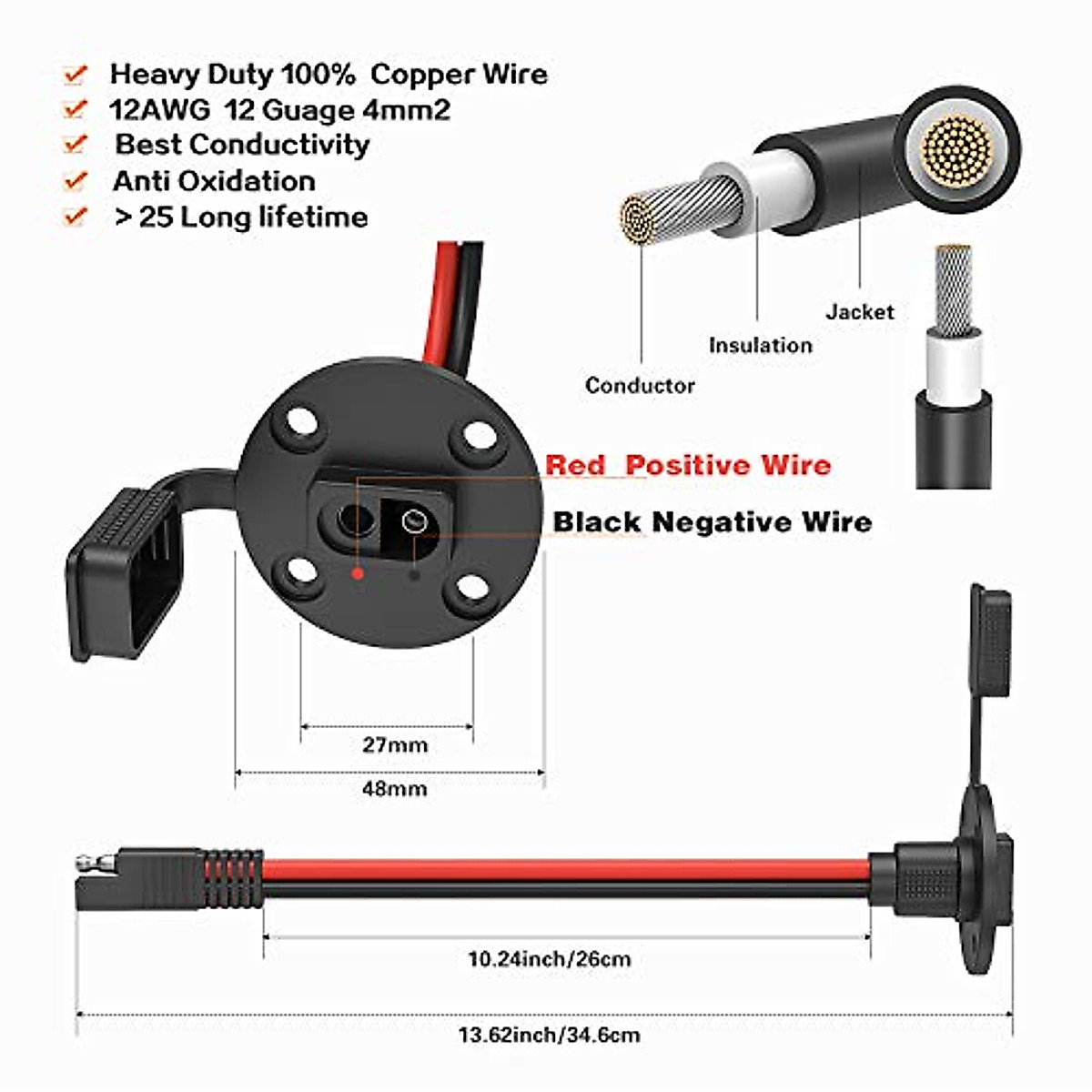 Kohree SAE Power Socket Sidewall Port Connector, 2 Pin SAE Quick Connect Solar Panel Flush Mount Connector Plug Cable Weatherproof 12AWG 13.2" w/ 8 Screws for Solar Generator Battery Charger, 2 Pcs