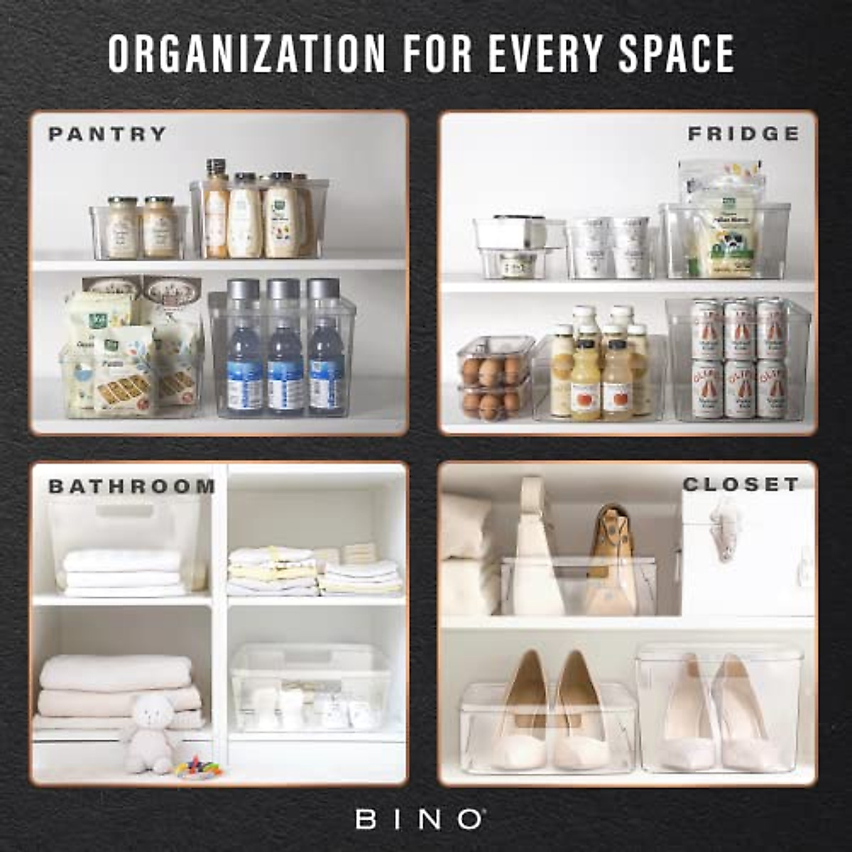 BINO Plastic Storage Containers, Small - 4 Pack THE LUCID COLLECTION, Multi-Use Organizer Bins Built-In Handles BPA-Free Clear, Fridge, Pantry & Home Organization