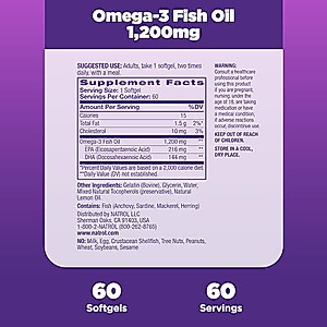 Natrol, Omega-3 Fish Oil Softgels, Heart Health Dietary Supplement, 1200 mg, 60 Count
