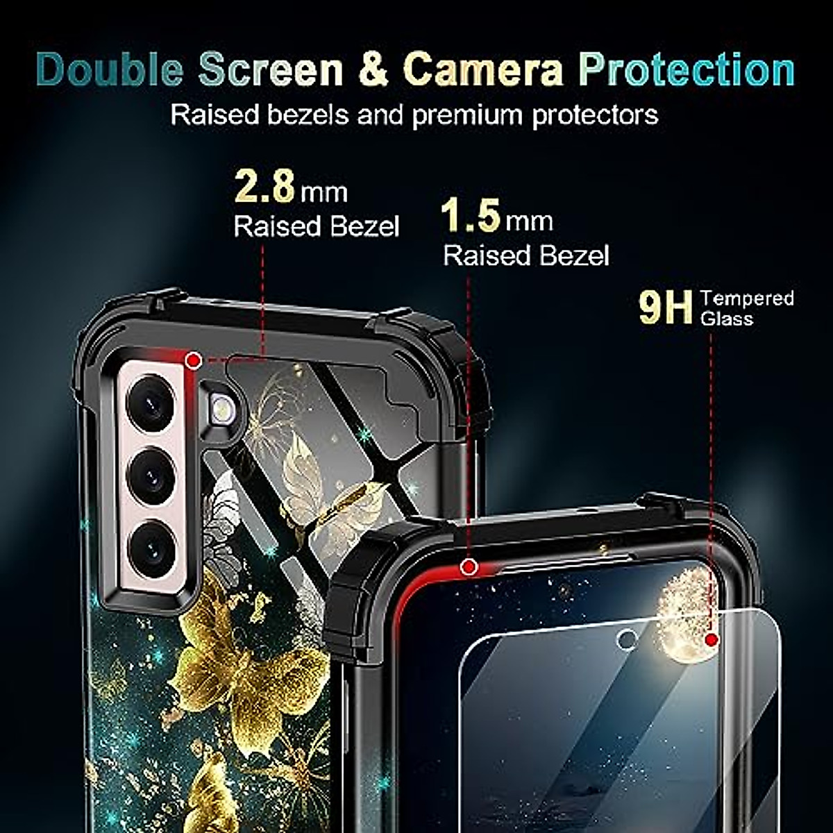 Miqala for Galaxy S21 FE 5G Case,Three Layer Heavy Duty Shockproof Hard Plastic Bumper +Soft Silicone Rubber Protective with 2 Screen Protector Cover for Samsung Galaxy S21 FE,Butterfly