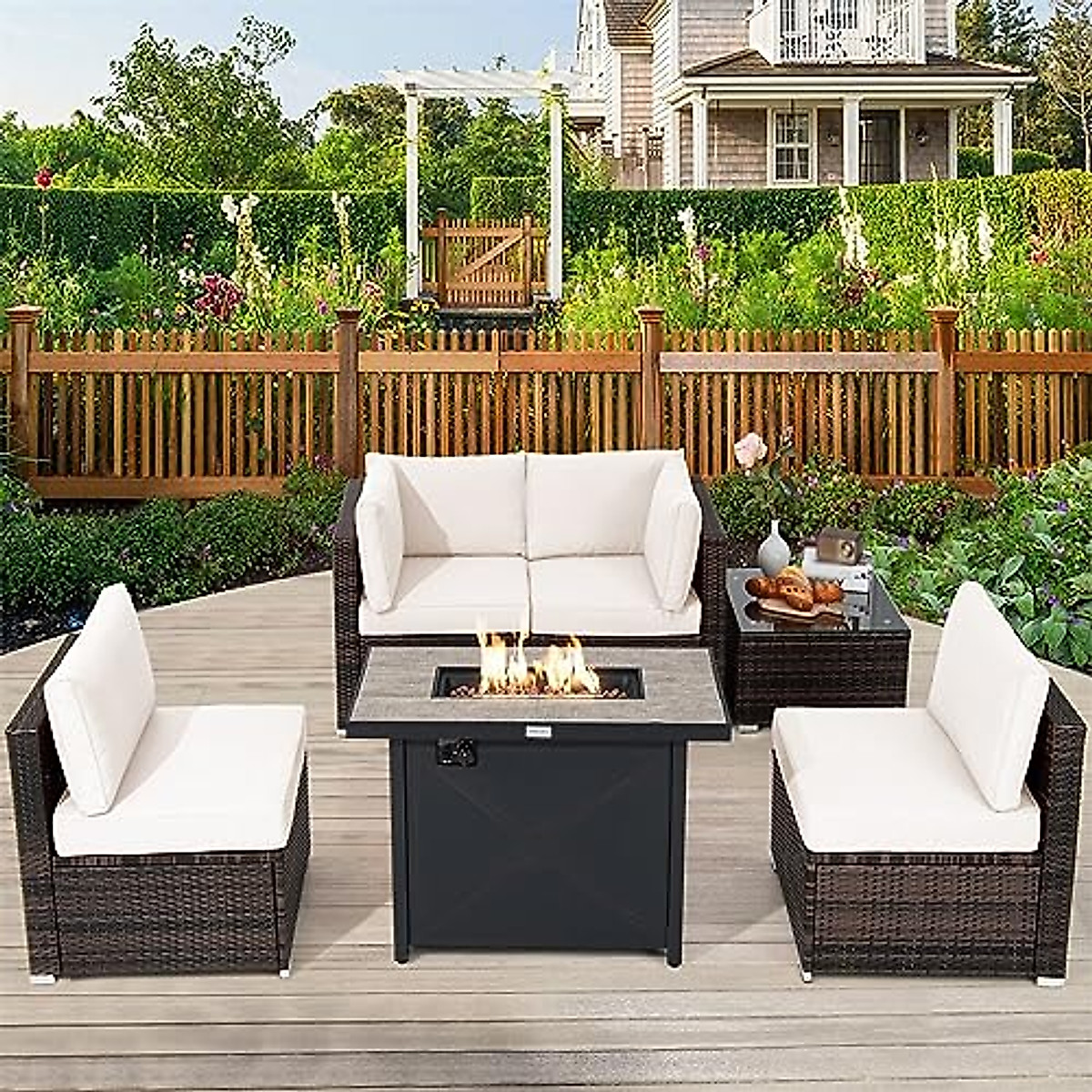 LHLLHL 6PCS Patio Furniture Set Rattan Cushioned Gas Fire Pit Table Beige