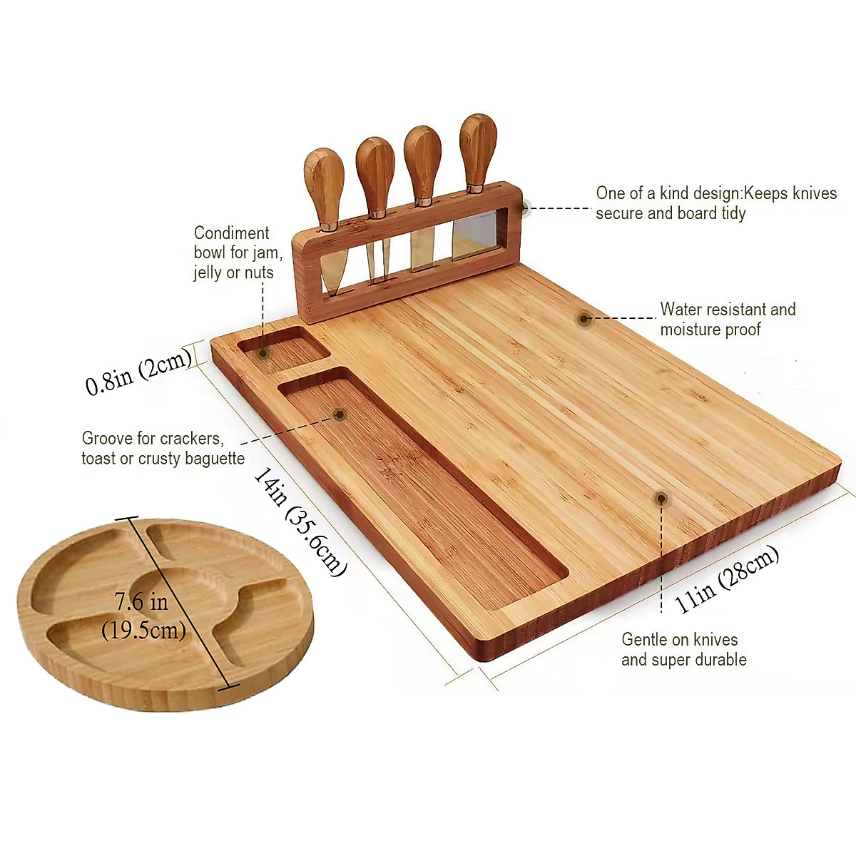 Cheese Board and Knife Set,Bamboo Charcuterie Board Set with Round Tray,Cheese Platter Serving Tray,Cheese Plate Set,Perfect, Birthday，Housewarming