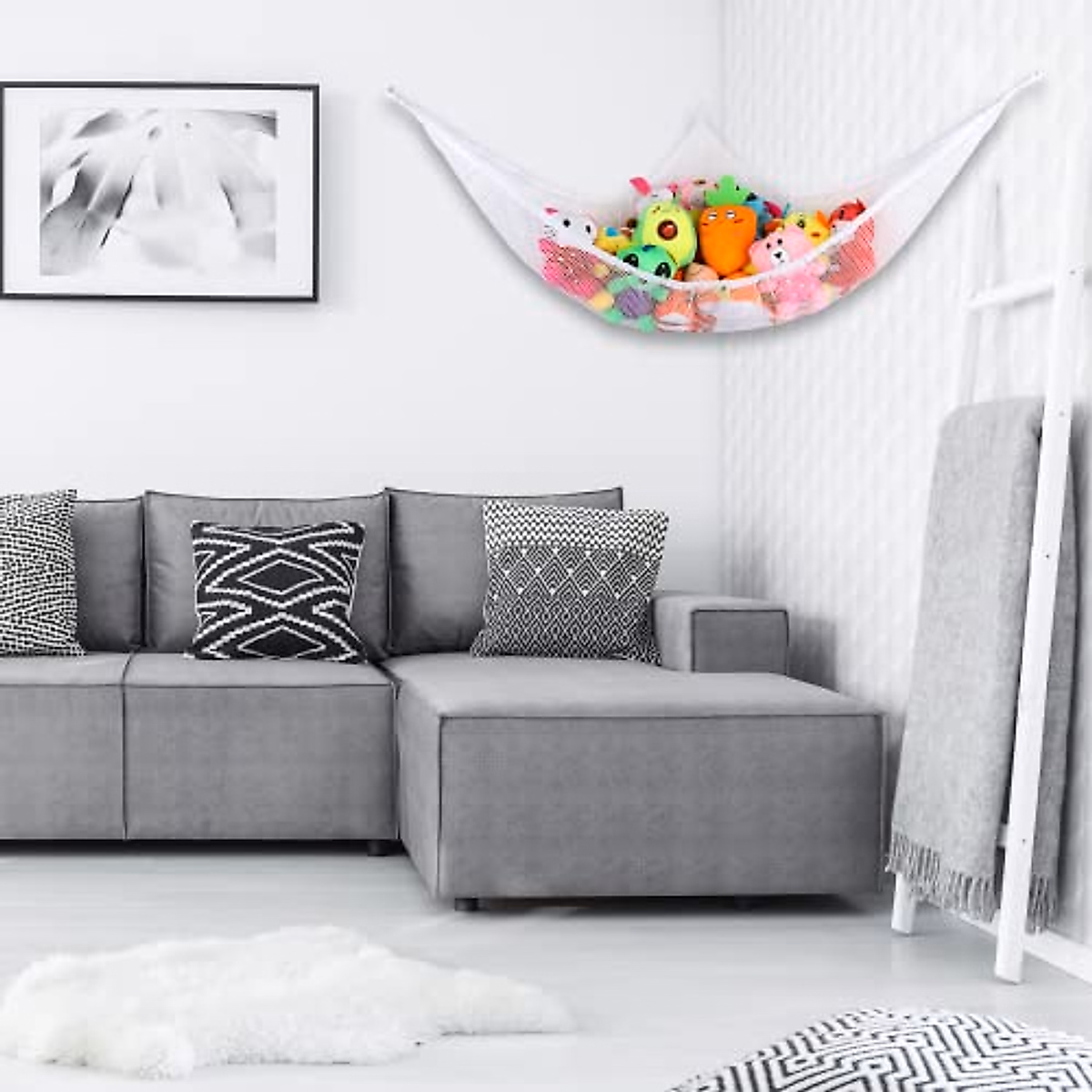 Stuffed Animal Net or Hammock Toy Hammock Macrame Large Corner Mesh Toy Storage Hanging Wall, Stuffed Animal Holder Nursery Organizer for Kids Bedroom (70x47x47 in)