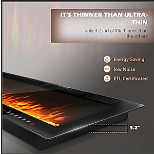 Waleaf 50 inch Ultra-Thin Electric Fireplace Wall Mounted/Recessed，Fireplace Heater with Multicolor Flame，Timer Low Noise 750/1500W，with Remote Control Touch Screen