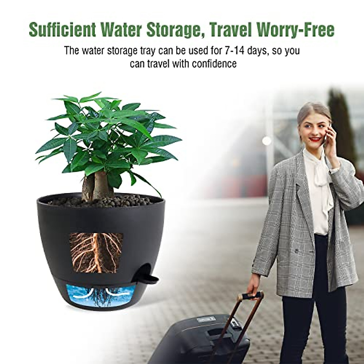 UOUZ 12 inch Large Self Watering Pots, Plastic Planters with 60oZ Removable Deep Reservoir and Multi Mesh Drainage Holes for Indoor Outdoor Garden Plants and Flowers, Black