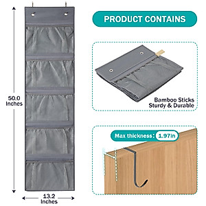 YOUDENOVA 2 Pack Door Hanging Organizer for Bathroom, 5-Shelf Closet Hanging Storage Shelves with Metal Hooks, Nursery Hanging Organizer, Grey