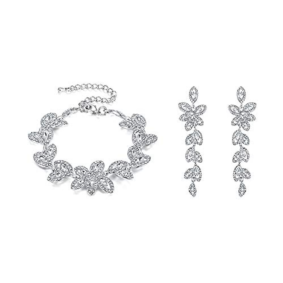BriLove Wedding Bridal Bracelet Earrings Set for Women Crystal Multi Marquise-Shape Leaf Tennis Bracelet Dangle Earrings Set Clear Silver-Tone