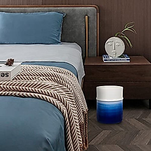 Decorative Round Small Trash Can Wastebasket, Garbage Container Bin for Bathrooms, Powder Rooms, Kitchens, Home Offices-Hand Painted Navy Blue，Ceramic