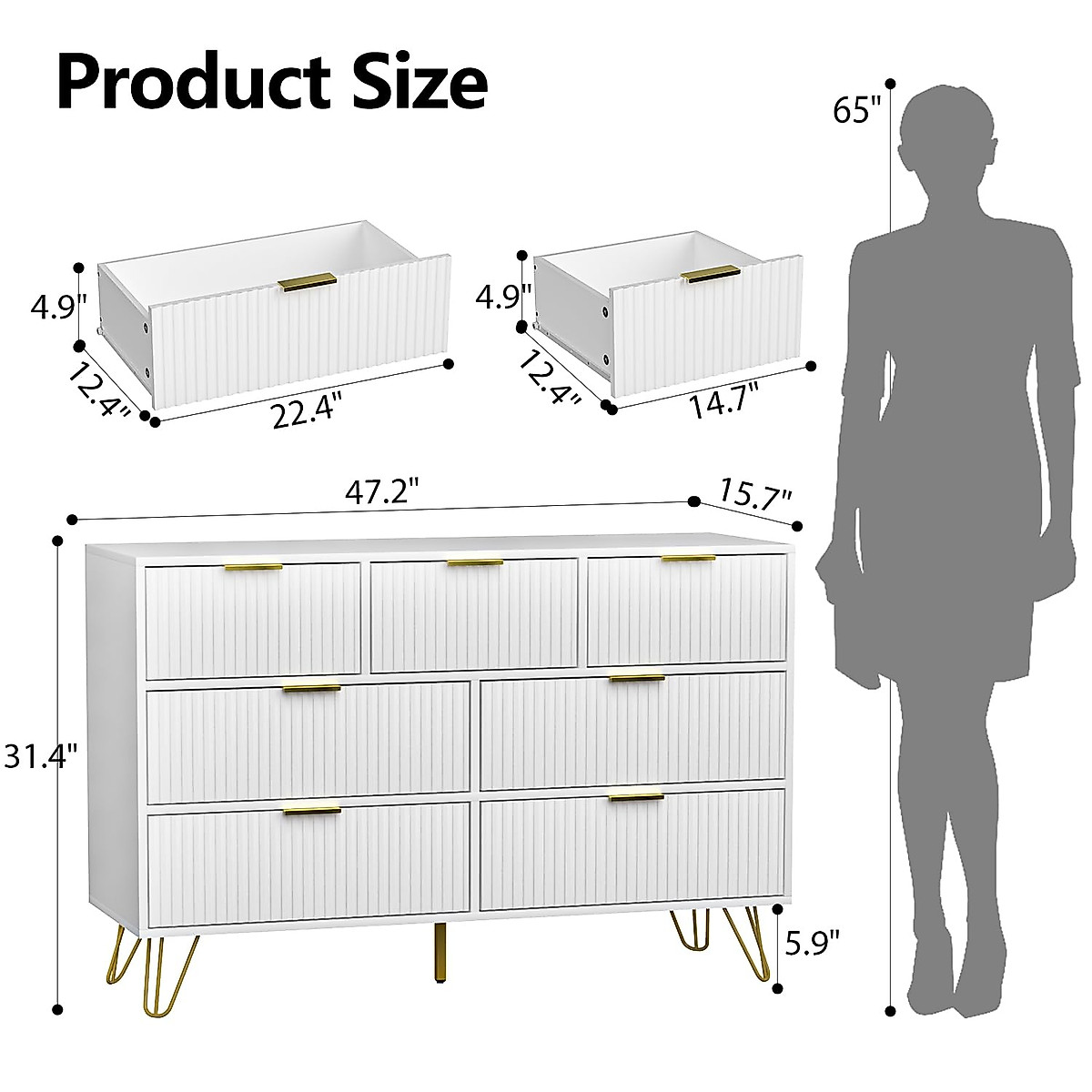 FURNIWAY Dresser for Bedroom, Modern 6-Drawer Dresser with Gold Handles, Wide Chest of Drawers for Living Room, White (White, 7 Drawer)
