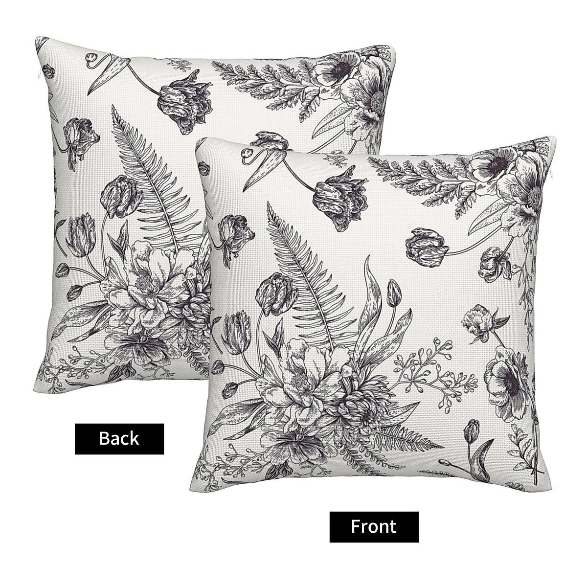 ChangQingArt Floral Pattern Bouquets of Spring Flowers Black and White Cotton Linen Square Throw Waist Pillow Case Decorative Cushion Cover Pillowcase Sofa 20"x 20"
