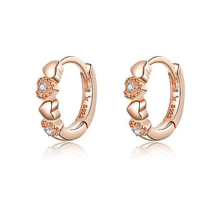 Double Love Heart Cubic Zirconia Sleeper Small Hoop Earrings for Women Teen Girls S925 Sterling Silver Cartilage Tiny Cute CZ Huggie Hoops Clip Hypoallergenic for Sensitive Ear 14K Rose Gold Plated