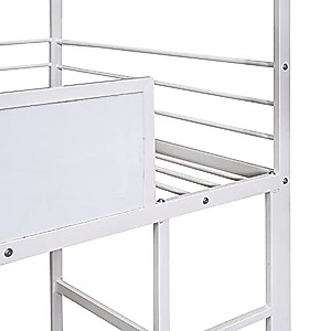 Twin Size House Loft Bed with Slide, Metal Bedframe w/Two-Sided writable Wooden Board,Kids Loft Bed Frame Built-in Ladder for Girls Boys Teens,No Need Spring Box,White
