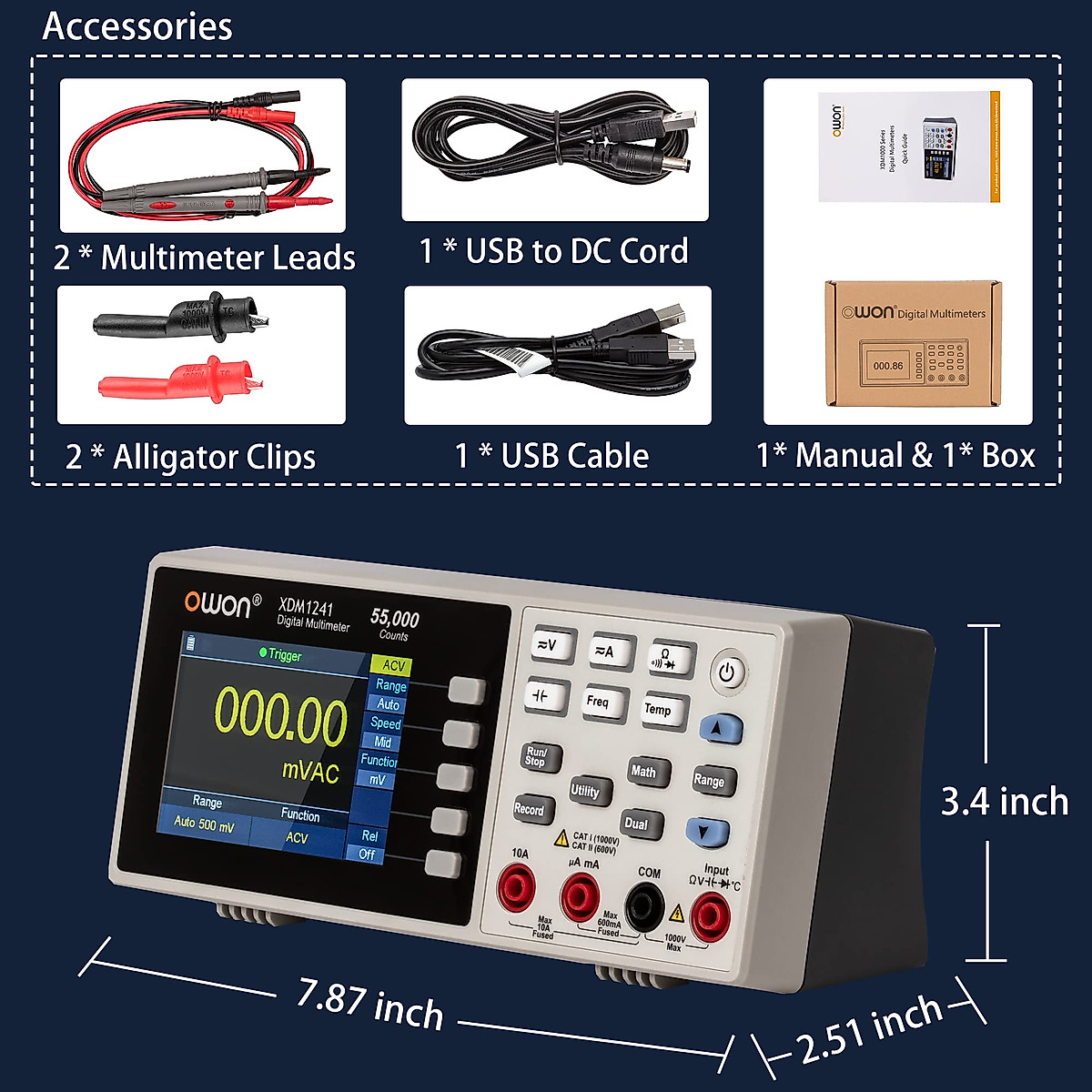 XDM1241 3.5 in LCD Multimeter Portable Desktop Digital Multimeter Multi Testers for Laboratories,Instruments and Factories(Built-in Batteries and Support DC 5V 2A)