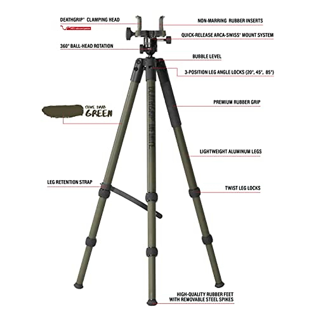 BOG DeathGrip Infinite Aluminum Tripod with Heavy Duty Construction, 360 Degree Ball Head, Quick-Release Arca-Swiss Mount System, and Optics Plate for Hunting, Shooting, Glassing, and Outdoors
