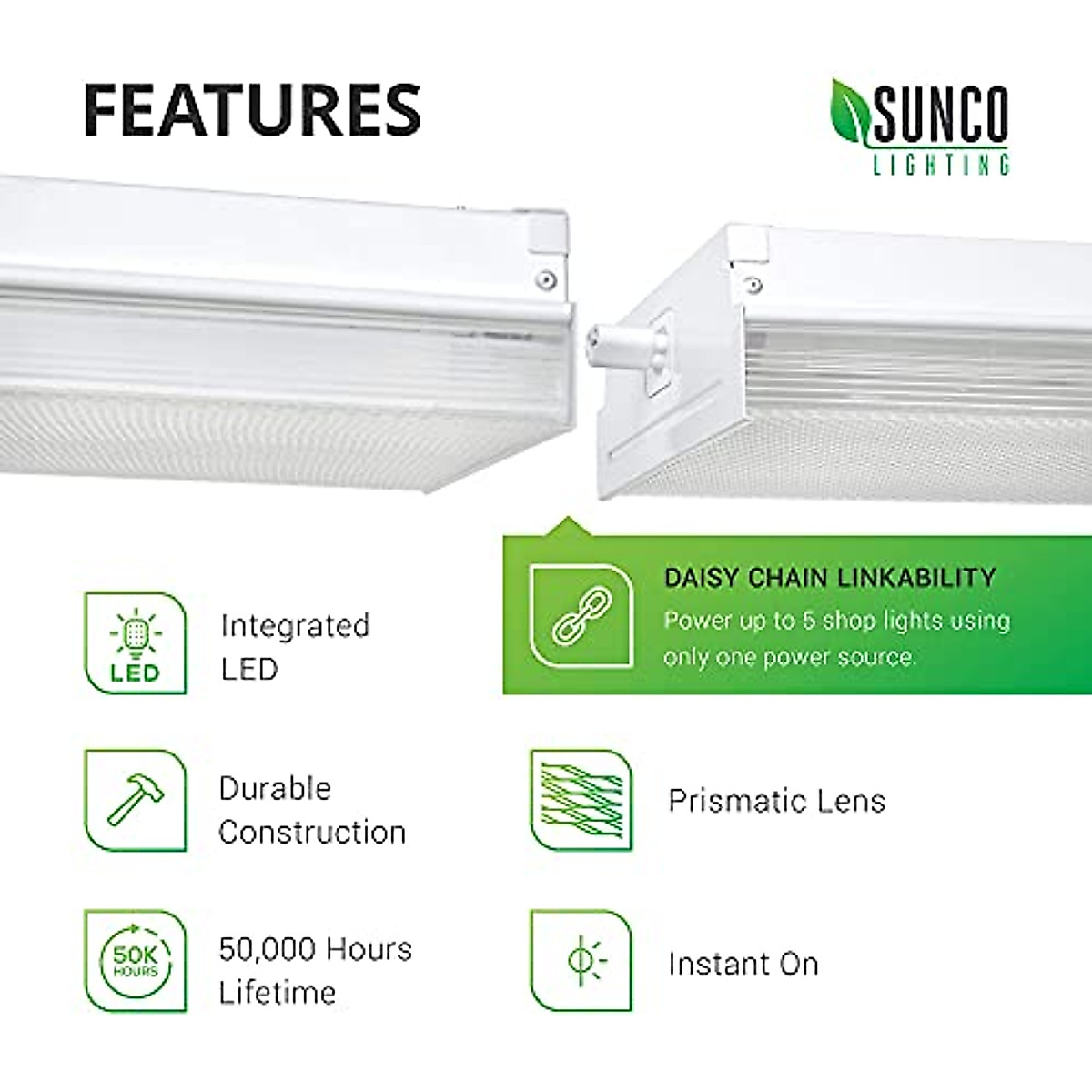 Sunco 8.5" Wraparound Garage LED Shop Light 4FT 6000K Daylight Deluxe, 60W, 7200 LM, Integrated LED, Prismatic Lens, Hardwired, Linkable, Flush Mount Ceiling Light Fixture - ETL 4 Pack