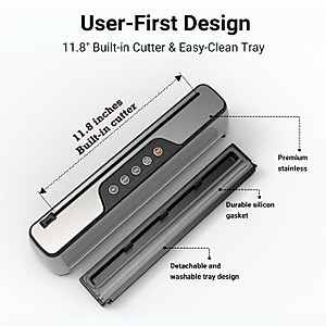 Vacuum Sealer Machine, Ultra Compact & Fully Automatic with Built-In Cutter, 85KPA High-Performance Food Vacuum Sealer, Dry & Moist Modes, 12-Inch Enhanced Seal Strip, Includes 15 Bags & Suction Hose