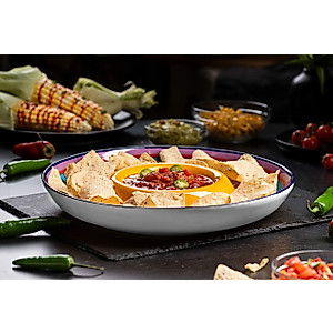 KooK Ceramic Chip & Dip Platter, Large Divided Serving Dish for Parties, Round Tray for Snacks and Appetizers, with Bowl for Dips, Dishwasher Safe, Hand-painted, Multicolor, Tinga Collection, 13 Inch