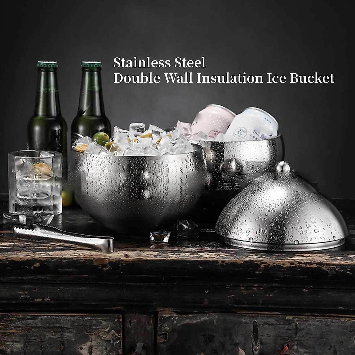 AUNMAS Double-Wall Stainless Steel Insulated Ice Bucket with Lid, 2 L, Spherical, Silver, Keeps Ice Cold & Dry for Home Bar, Chilling Beer Champagne and Wine