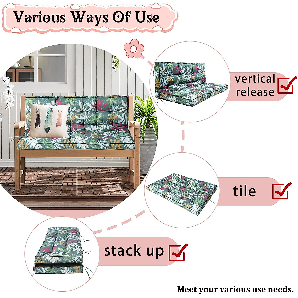 2-3 Seat Swing Replacement Cushion, Outdoor Bench Cushions with Backrest Thicken 4", Patio Furniture Garden Porch Loveseat Glider Pad Anti-Fading Waterproof (Green Flower, 40x55in)