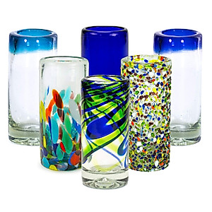 MEXART Artisan Crafted Hand Blown 6 Different Design Collection Recycled Glass Shots Glasses, 2 oz. 'Classic' (set of 6)