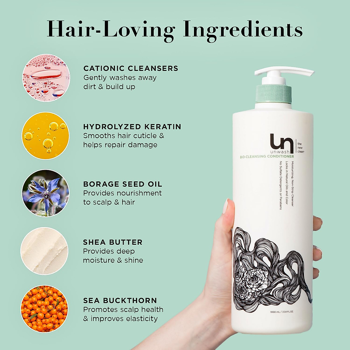 unwash Bio-Cleansing Conditioner - Gentle, Hydrating Co-Wash Cleansing Conditioner, Sulfate & Paraben Free, for Curly, Coily & Dry Hair, 33.8 fl oz