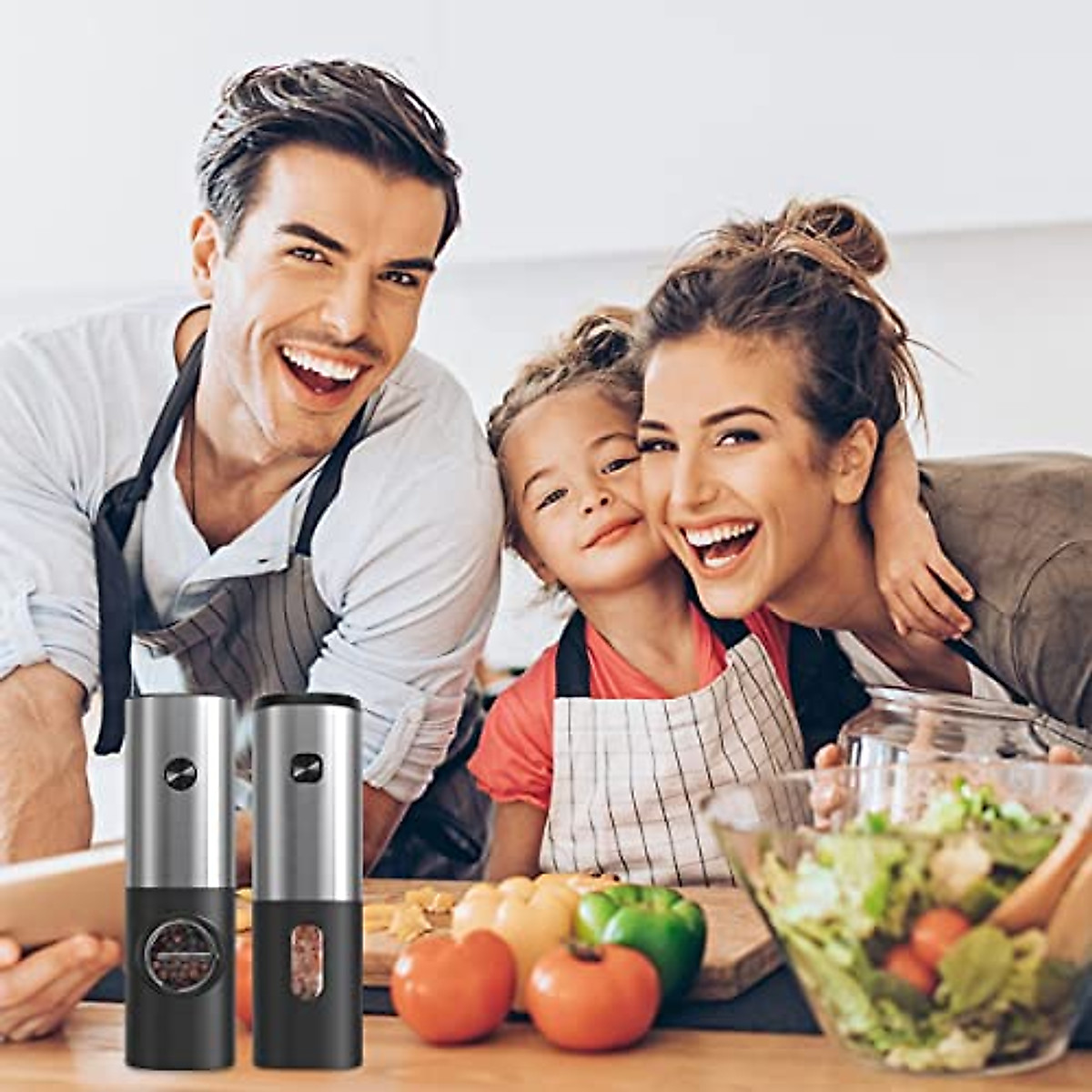 HIVIEW Electric Salt and Pepper Grinder Set Battery Operated，Automatic Pepper Mill,Adjustable CoarsenessOne Handed Operated, Salt and Pepper Shakers wiht LED Light,Stainless Steel-2 Pack