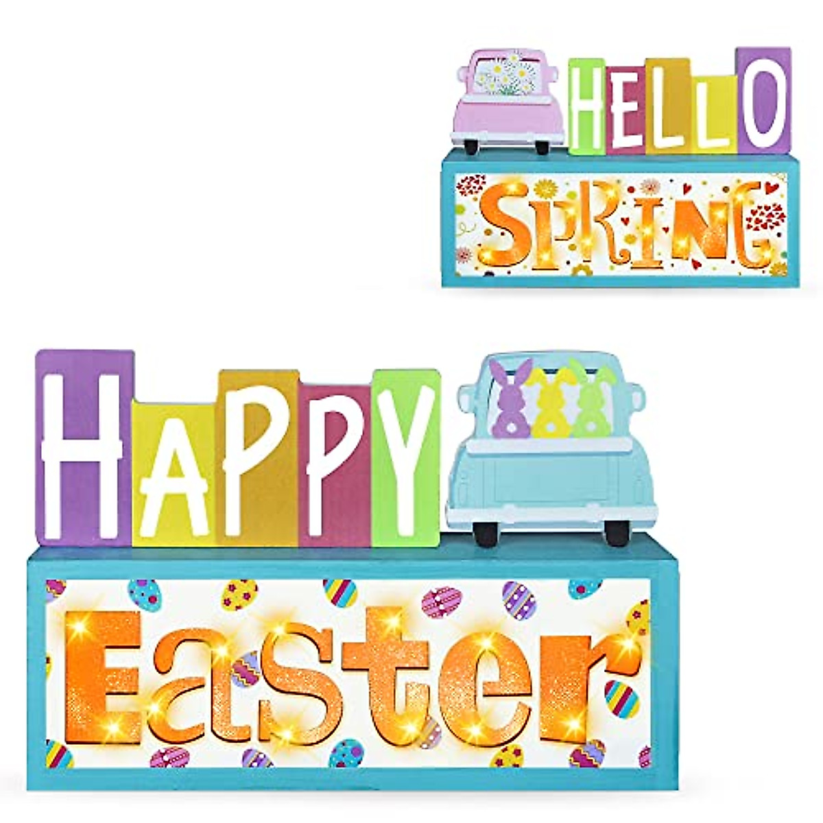 Reversible Hello Spring/Happy Easter Decorations Wooden Block Sign with Led Lights- Double Sign Spring Easter Farmhouse Home Battery Operated Light up Wooden Sign for Table Mantle Tabletop Centerpiece