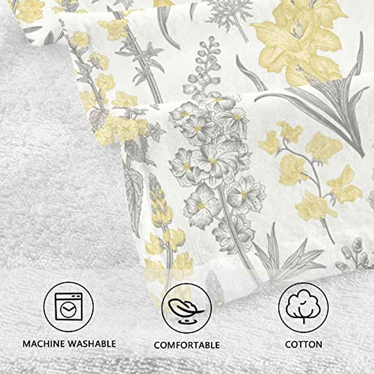Jucciaco Vintage Yellow and Gray Flowers Towels for Bathroom Kitchen Spa Sports, Cotton Hand Towels Set of 2, 16x28 inch