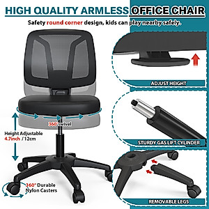 iCoudy Armless Office Chair Ergonomic Swivel Small Computer Desk Chairs No Armrests with Wheels Adjustable Height Black Task Chairs Without Arms for Small Spaces
