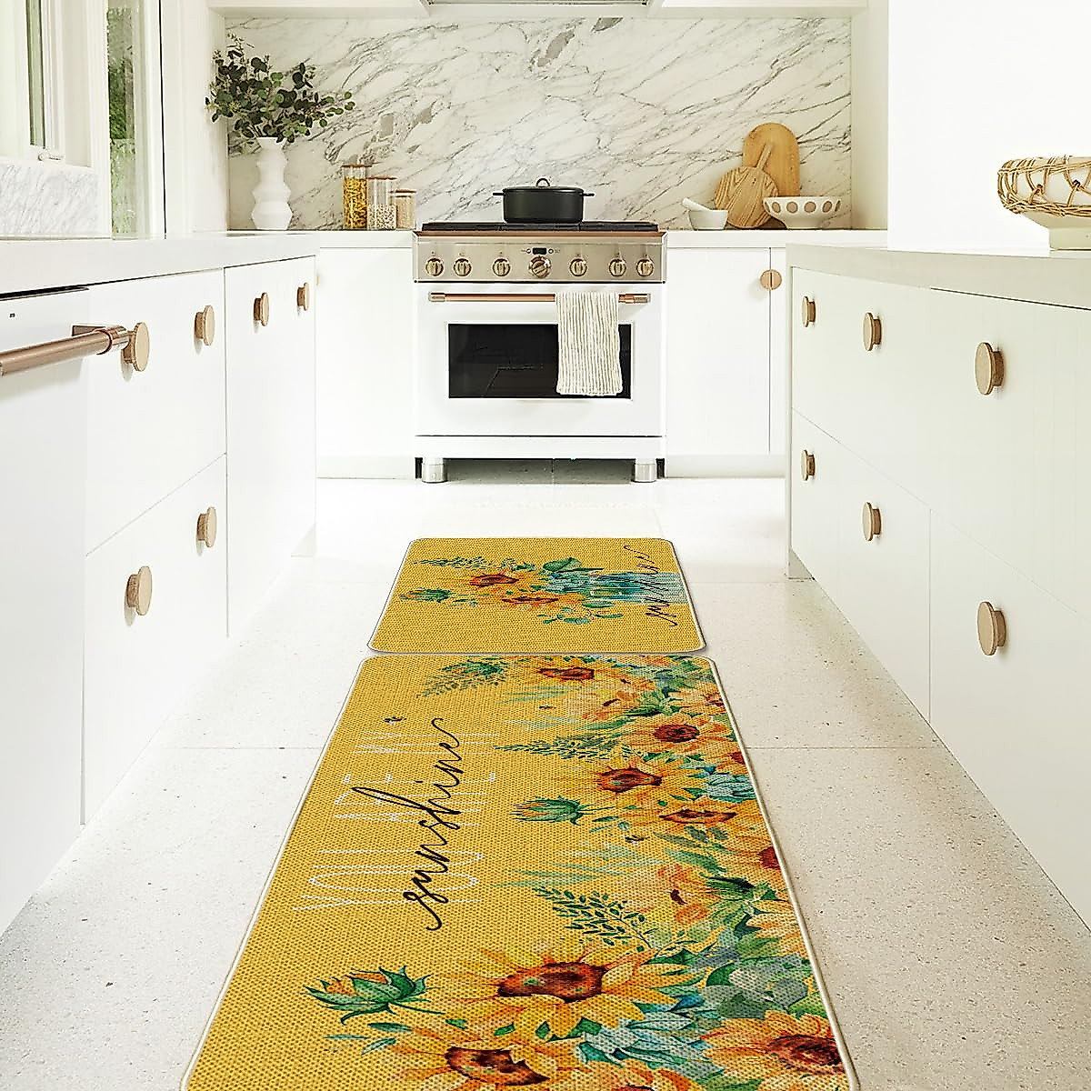 Artoid Mode Yellow Sunflowers Hello Sunshine Summer Kitchen Mats Set of 2, Seasonal Holiday Anniversary Holiday Decorations for Home Kitchen - 17x29 and 17x47 Inch