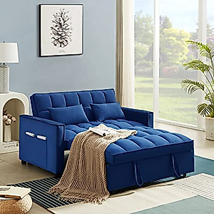 HABITRIO Loveseat with Pull-Out Sleeper Bed, Solid Wood Frame Blue Velvet Upholstered 55" 2-Seater Sofa Couch w/3-Position Reclining Backrest, 2 Side Pockets, 2 Pillows, Furniture for Living Room