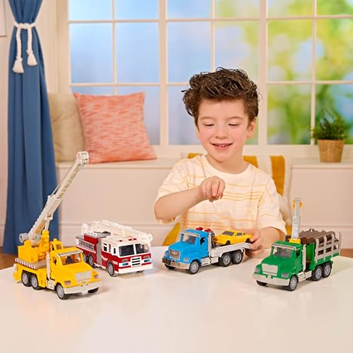 Driven by Battat – 4 Toy Vehicles for Kids&Toddlers – 7.5" Crane Truck, 7.5" Tow Truck, 7.5" Fire Truck, 7" Log Truck – Lights & Sounds – Gift Construction Toys for 3 Year Old+
