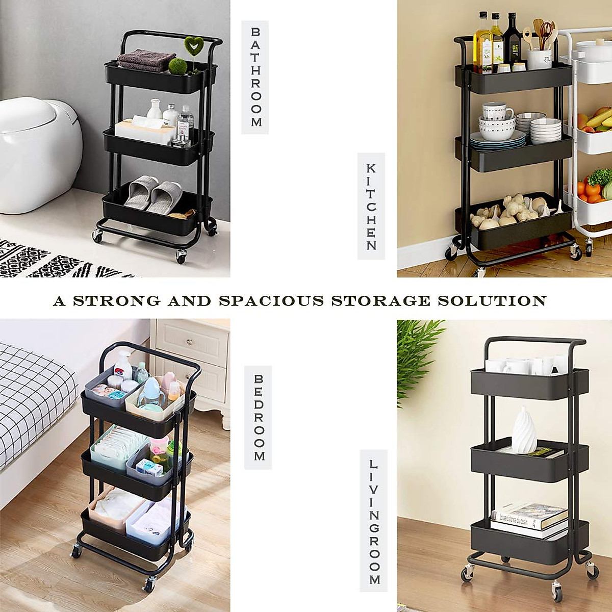 XGATML ALA7 3-Tier Rolling Utility Cart with Roller Wheels Service Cart with Handle Mobile Storage Organizer for Kitchen, Bathroom, Office, Coffee Bar(Black)