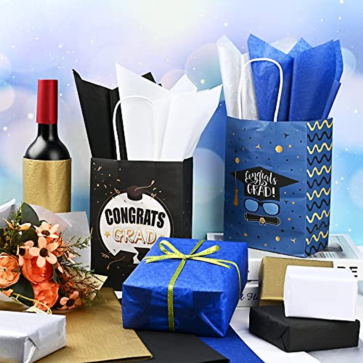 Bolsome 100 Sheets 20 * 14 Inches Christmas Tissue Paper for Gift Wrapping, Gold Silver White Black Navy Blue Tissue Paper for Gift Bags for Birthday Christmas Graduation Party DIY Craft