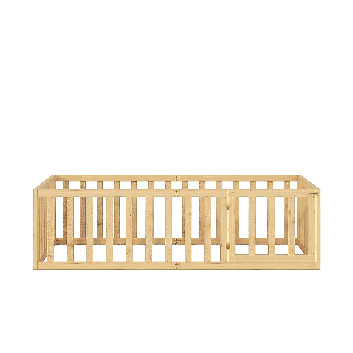 Bellemave Twin Floor Bed for Kids, Montessori Bed Frame with Fence-Shaped Guardrails and Door, Wooden Floor Twin Bed for Kids, Toddler, Boys Girls(Natural, Twin Size)