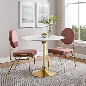 Modway Lippa 36" Mid-Century Dining Table with Round Artificial Marble Top in Gold White