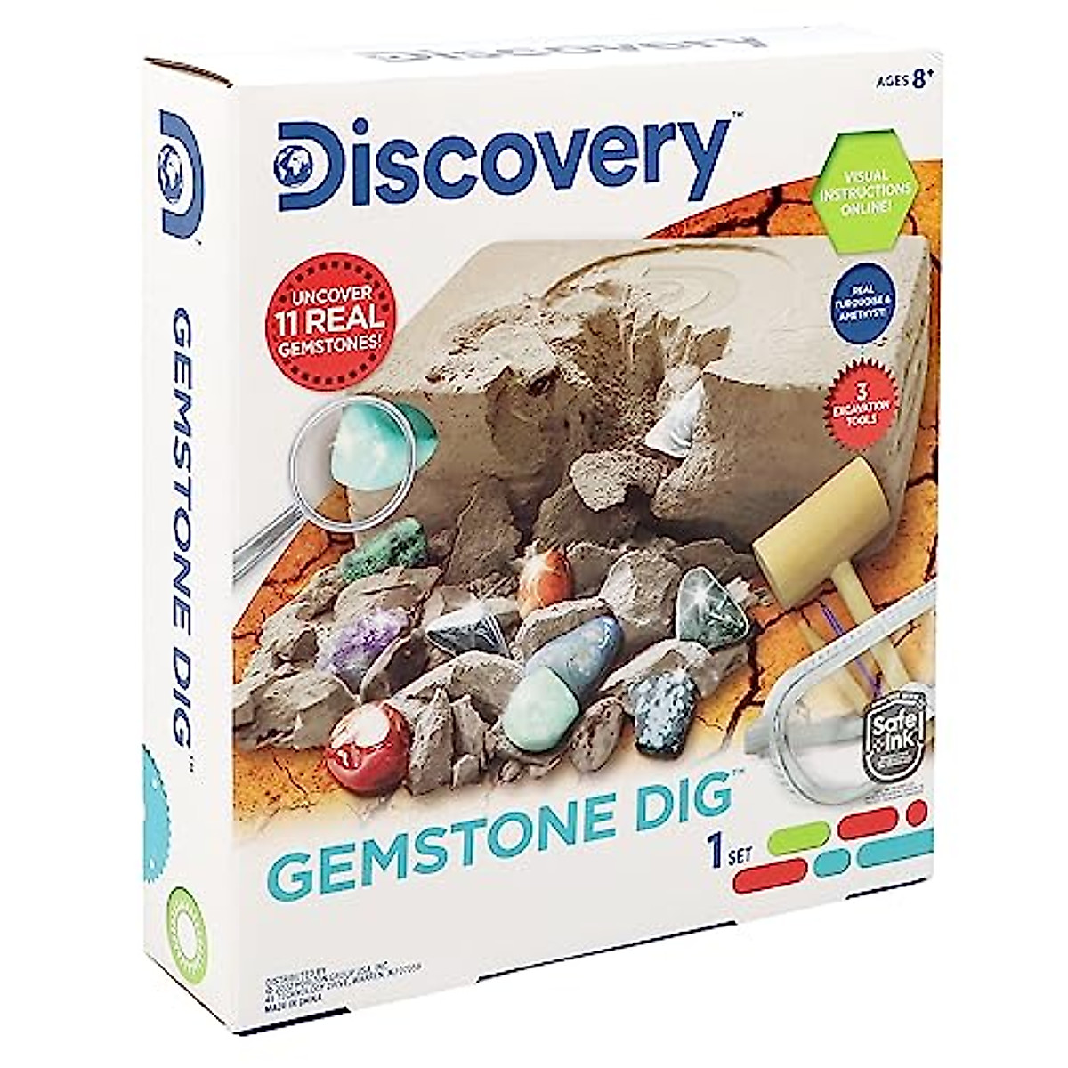 Discovery Kids Gemstone Dig Stem Science Kit by Horizon Group Usa, Excavate, Dig & Reveal 11 Real Gemstones, Includes Goggles, Excavation Tools, Streak Plate, Magnifying Glass & More