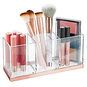 mDesign Plastic Makeup Organizer Caddy Bin with 3 Sections for Bathroom Vanity Countertops or Cabinet: Stores Makeup Brushes, Eye and Lip Pencils, Lipstick, Lip Gloss, Concealers - Clear/Rose Gold
