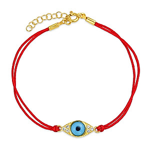 Minimalist Delicate Turkish Blue Evil Eye Red String Bracelet For Women Teens CZ Accent 14K Gold Plated .925 Sterling Silver