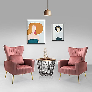 WQSLHX Living Room Chairs Set of 2 with Lumbar Pillow, Velvet Accent Chair with High Back Mid Century Armchair for Bedroom with Armrest, Arm Chair with Golden Metal Legs, Pink