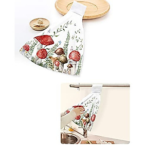 LBDOMOV Mushroom Kitchen Hand Towel,Soft Hanging Dish Towels with Loop,Bohomia Botanical Floral Wildflowers Green Leaves Butterflies Absorbent Drying Cleaning Cloth Dishclothes Decorative Sets,2-PC