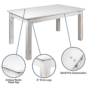 Merrick Lane Jessamine 60" x 38" Rectangular Antique Rustic White Solid Pine Farm Dining Table